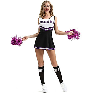 JELEUON Women Sexy Cheerleader Uniform School Musical Dance Dress Match Pom poms Socks Halloween Costume Fancy Dress Outfits