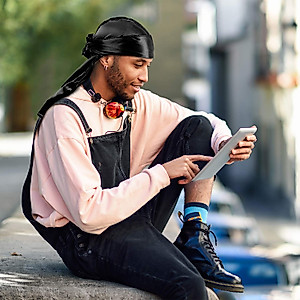 4PCS Silky Satin Durags for Men Women Waves, with 1 Wave Cap, Extra Long Tails (Red, Blue, Black, White)