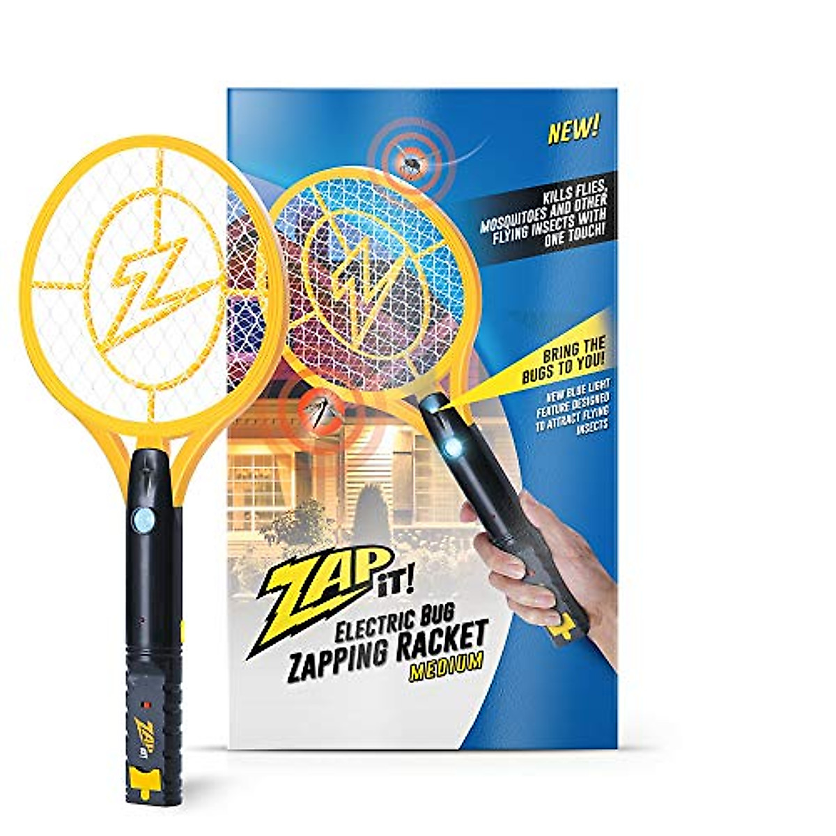 ZAP IT! Bug Zapper Rechargeable Bug Zapper Racket W/ Blue Light Attractant, 4,000 Volt, USB Charging Cable