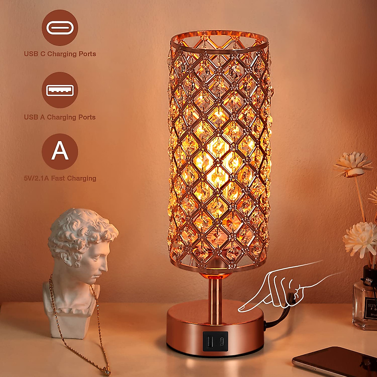 Hong-in Crystal Table Lamp, Rose Gold Lamp with USB Ports, 3 Way Dimmable Light with Crystal Lampshade, Bedside Lamp Small Touch Light for Living Room Bedroom Home, Charge Phone (Bulb Included)