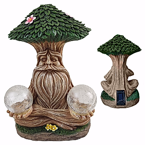 Zen Tree Man Solar Statue Meditation Old Man Figurine with LED Light Fairy Garden Tree Elf Gnome Statue，for Outdoor Decor Patio Yard Lawn Porch Halloween Decoration,11" Tall