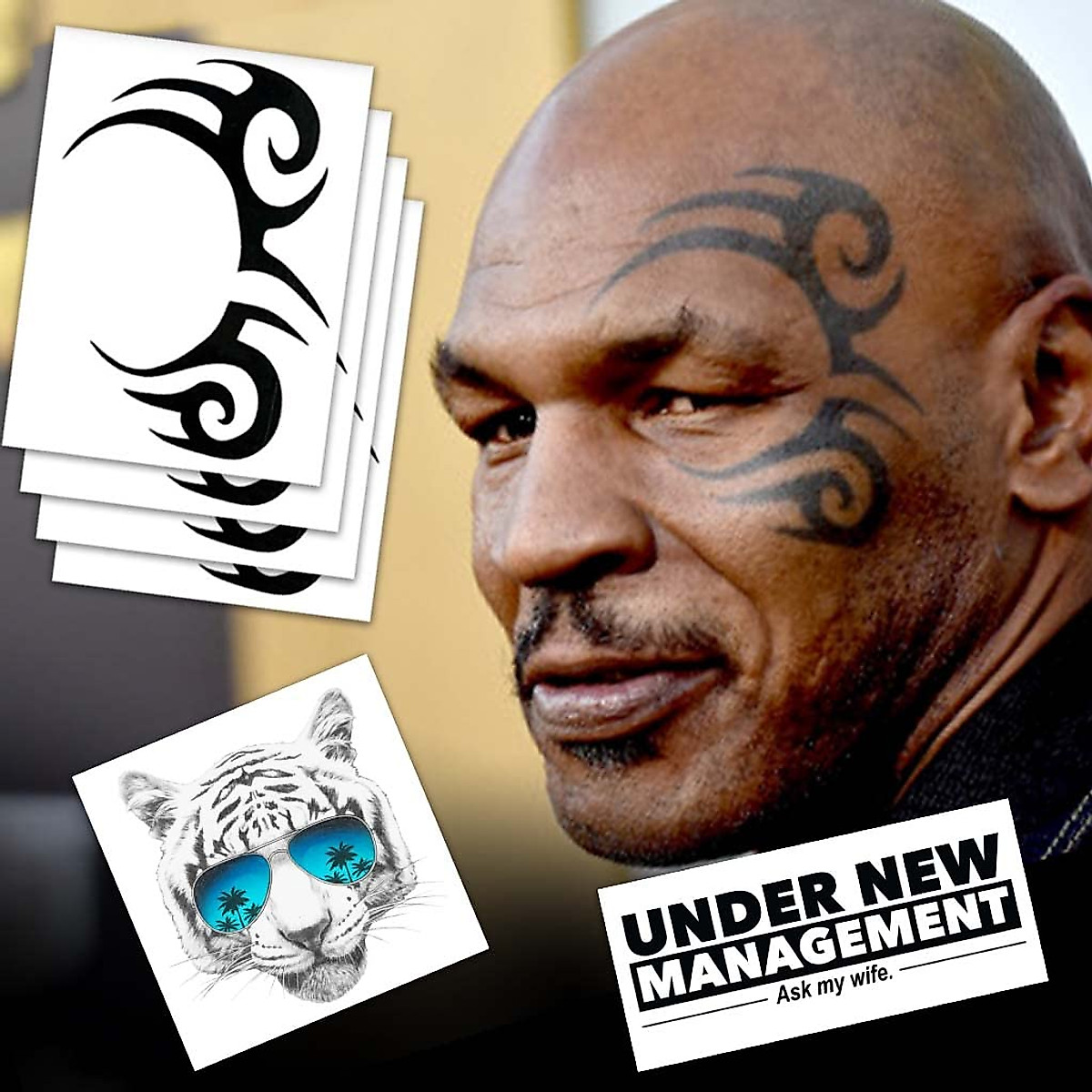 FashionTats Mike Tyson Tribal Design Temporary Tattoos (4-Pack) | Plus BONUS Tiger & Bachelor Tattoos | Skin Safe | MADE IN THE USA | Removable