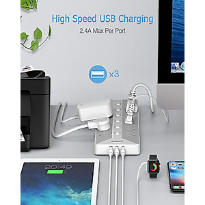 Power Strip with USB, Individual Switches, TESSAN 12 Outlets and 3 USB Ports, Long Extension Cord 6 Feet with Surge Protector for Home, Dorm and Office Accessories, 1700J Protection, Gray