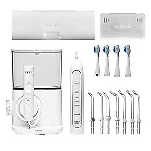Waterpik Complete Care 9.0 Kit. 1 White Complete Care 9.0 Sonic Electric Toothbrush & Water Flosser, 2 Pack Plaque Seeker Water Flosser Tip Replacement, & 2 Pack Complete Care Replacement Brush Heads