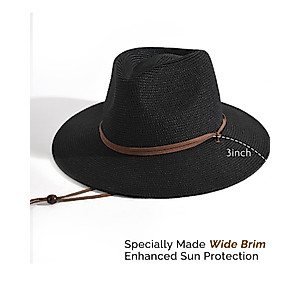 FURTALK Womens Summer Straw Sun Hats Wide Brim Panama Fedora Beach Hat with Wind Lanyard UPF 80+ Black