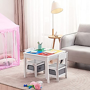 Wooden Kids Activity Table and Chair Set, 4-in-1 Building Blocks-Compatible Desk with Storage for Children and Toddler Drawing Reading Arts Crafts - Colorful