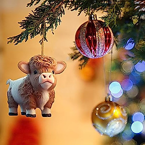 Cartoon Cow Decorative Hanging Ornament for Cars Backpacks Cute Acrylic Highland Cow Pendants Christmas Tree Decorations (Non-3D 10pcs cows, 8.5cm/3.35inch)