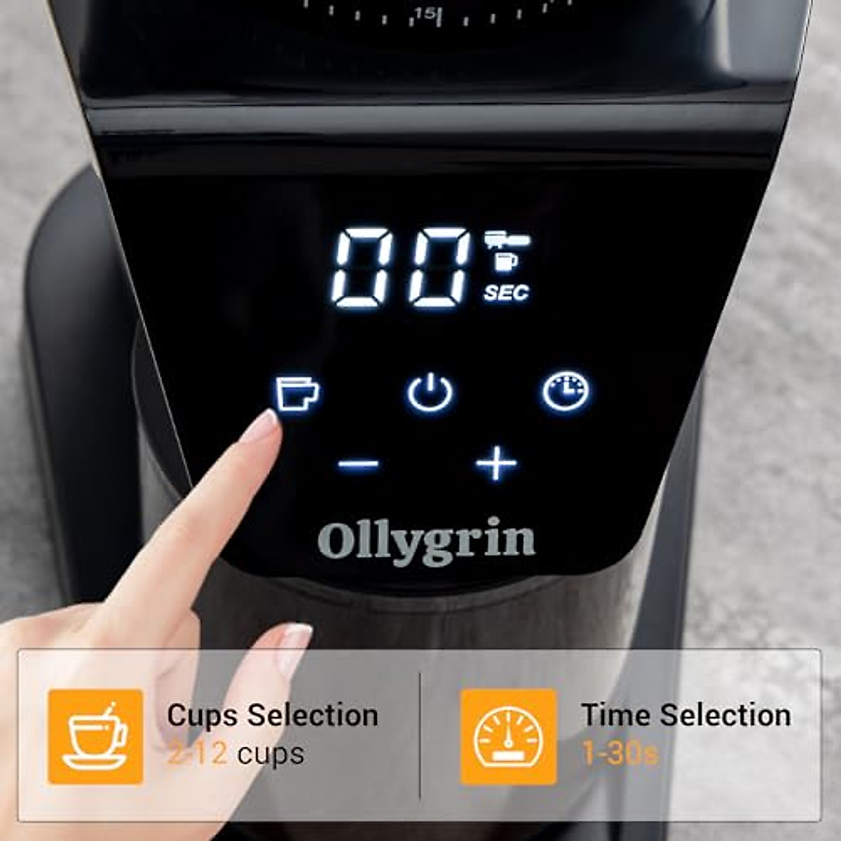 Ollygrin Electric Conical Burr Coffee Grinder, Coffee Bean Grinder Stainless Steel with Digital Timer Display, Coffee Bean Burr Mill Grinder with 30 Precise Grind Settings 12 Cups SilverV02S