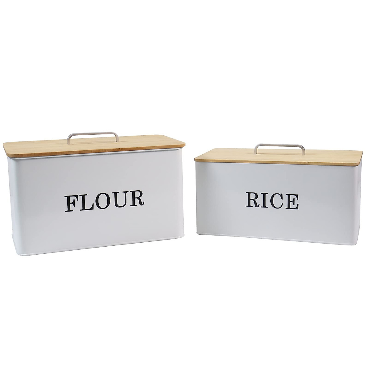 Gdfjiy Kitchen Canisters Set of 2, Metal Rice Storage Bin Flour Tin, Rustic Farmhouse Canister Jars, Food Storage Container for Rice Flour Soybean Grain Cereal-White