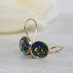 14K Gold Black Opal Drop Earrings - October Birthstone Dangle - Solid Yellow Gold Dangle Earrings - Dainty Handmade Wedding Jewelry - Perfect Bridal or Graduation Gift