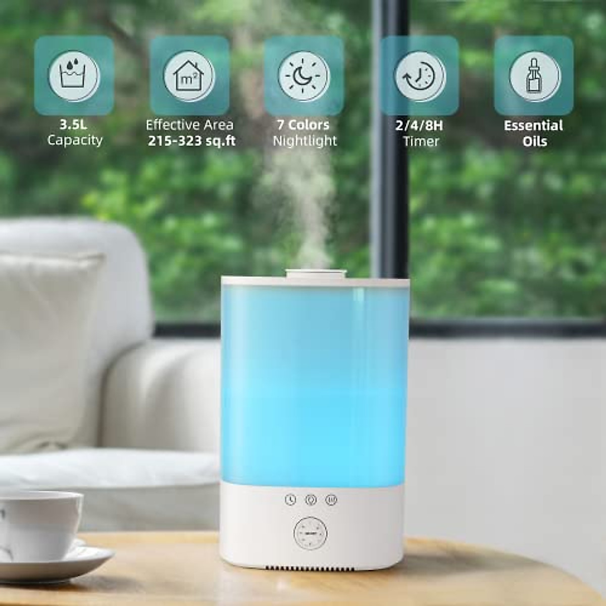 Cool Mist Humidifiers 3.5L Top Fill Humidifiers for Bedroom with Essential Oil Diffuser, 7-Color Lights, Timer, Waterless Auto Shut-off, White