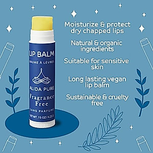 ALIDA PURE Fragrance Free Lip Balm, Vegan Lip Balm Set, Unscented, No Flavor, Beeswax Free, Organic Jojoba Oil, Avocado Oil, Vitamin E, Natural Moisturizer for Dry, Chapped, or Cracked Lips 5 Tube Set