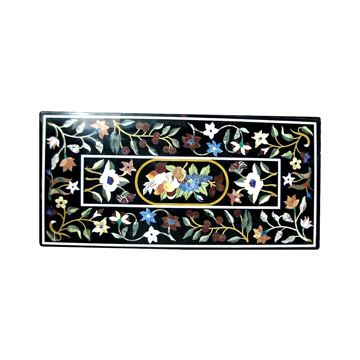 48" x 24" Inch Natural Black Marble Dining Table Pietra Dura Floral Marquetry Patio Table, Outdoor Furniture Table, Italian Style Table