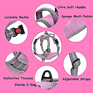 Coohom No Pull Dog Harness with Handle and Two Leash Attachments,Adjustable Outdoor Pet Harness with Reflective Oxford Material for Small Medium Large Dogs (L, Pink 3 Buckles)