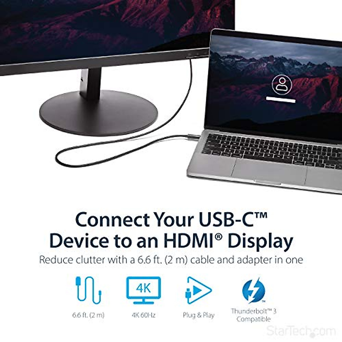 StarTech.com 6ft (2m) USB C to HDMI Cable - 4K 60Hz USB Type C to HDMI 2.0 Video Adapter Cable - Thunderbolt 3 Compatible - Laptop to HDMI Monitor/Display - DP 1.2 Alt Mode HBR2 - Black (CDP2HD2MBNL)