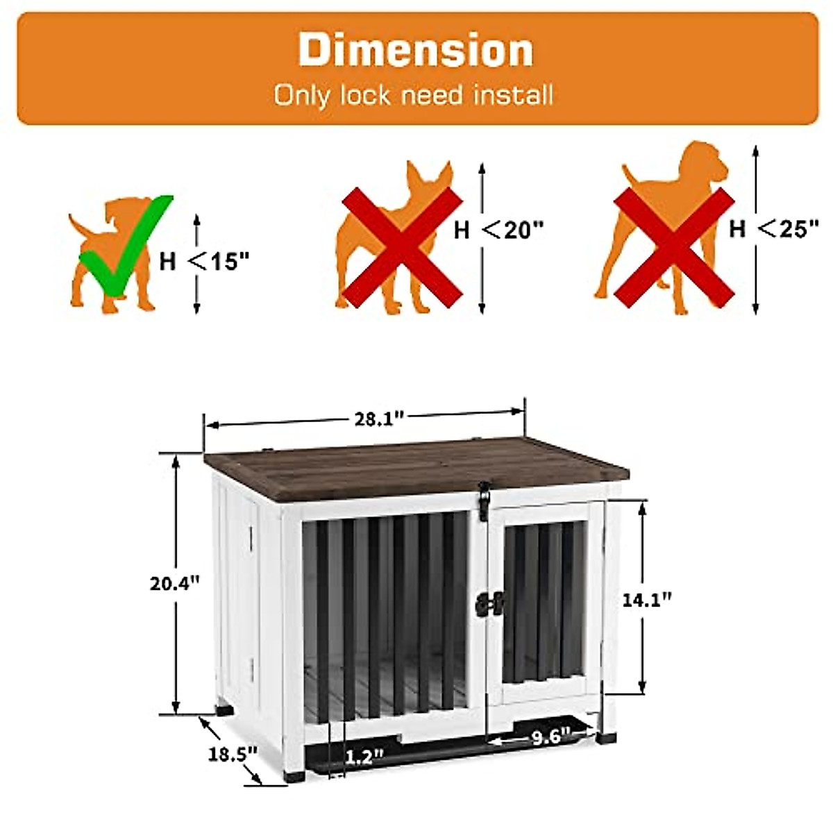 MCombo Wooden Dog Crate Furniture, Portable Foldable Dog Kennel End Table, Solid Wood Indoor Cage with Tray (Small, White and Brown)