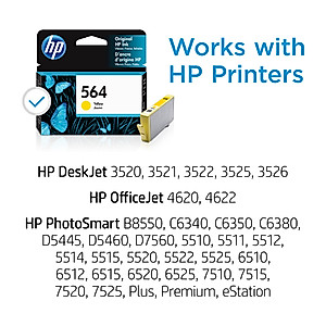Original HP 564 Yellow Ink Cartridge | Works with DeskJet 3500; OfficeJet 4620; PhotoSmart B8550, C6300, D5400, D7560, 5510, 5520, 6510, 6520, 7510, 7520, Plus, Premium, eStation Series | CB320WN
