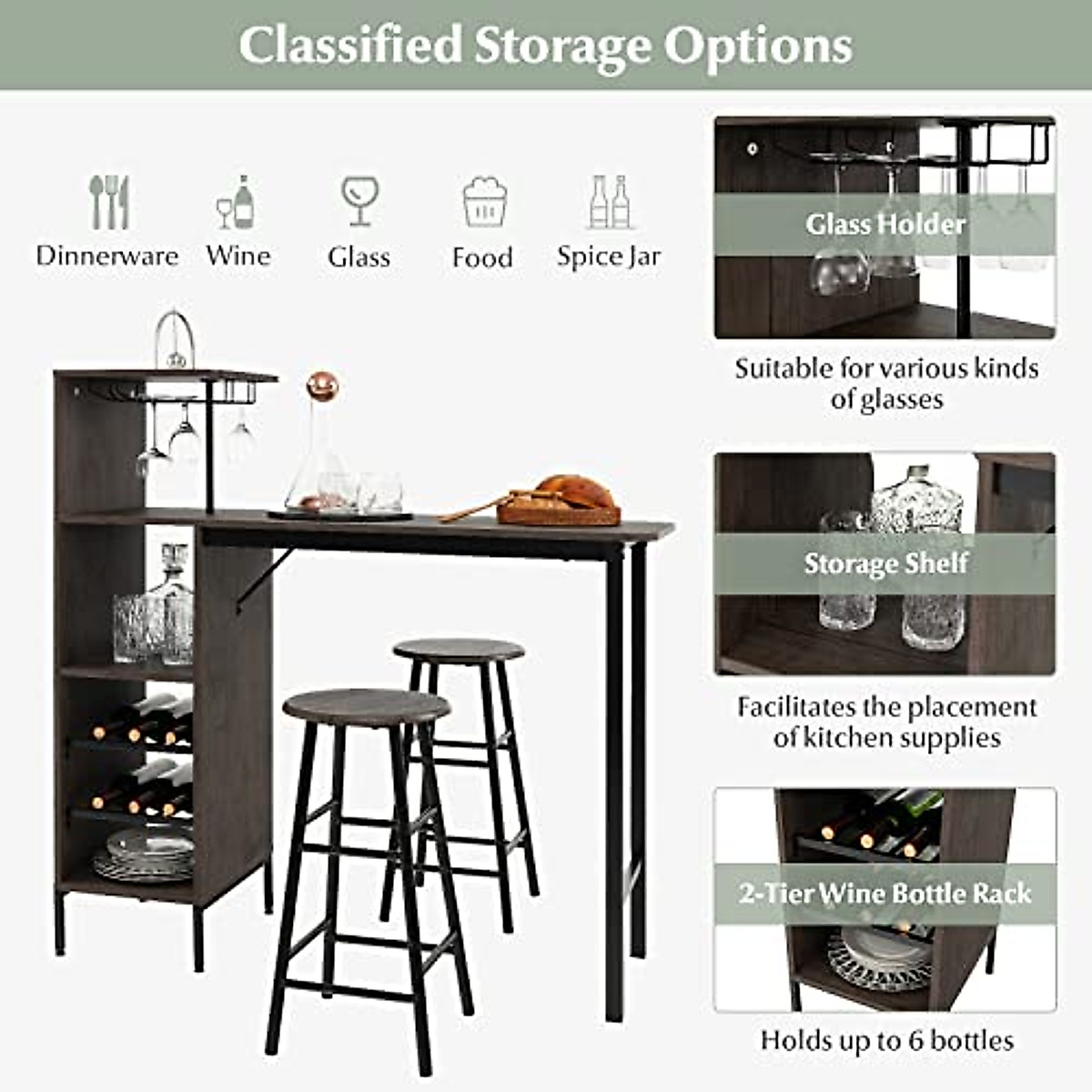 Giantex 3 Pieces Bar Table and Stools Set, Bistro Table Set with Glass Holder, 2 Tier Wine Rack & Storage Shelves, Kitchen Counter Table with 2 Stools for Home, Dining Room, Restaurant, Pub (Brown)