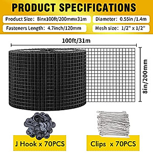 8in X 100ft Solar Panel Bird Guard,Solar Panel roof Protection net 1/2inch Mesh PVC Black Vinyl Coated Galvanized net 70 Fastener ClipsUsed for Bird,Animal Control