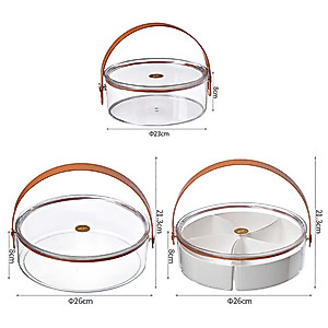 Clear Divided Serving Tray with Lid and Handle, Round Portable Plastic Veggie Tray Party Platter Food Storage Container Box for Snack Dried Fruit Nuts Candy Appetizer Vegetable