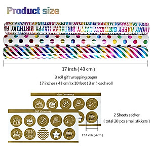 KORSEEN Gift Wrapping Paper Roll, Rainbow Gold Foil Wrapping Paper for Birthday, Party, Holiday - 3 Mini Rolls Birthday Gift Wrap - 17 x 120 Inch Per Roll