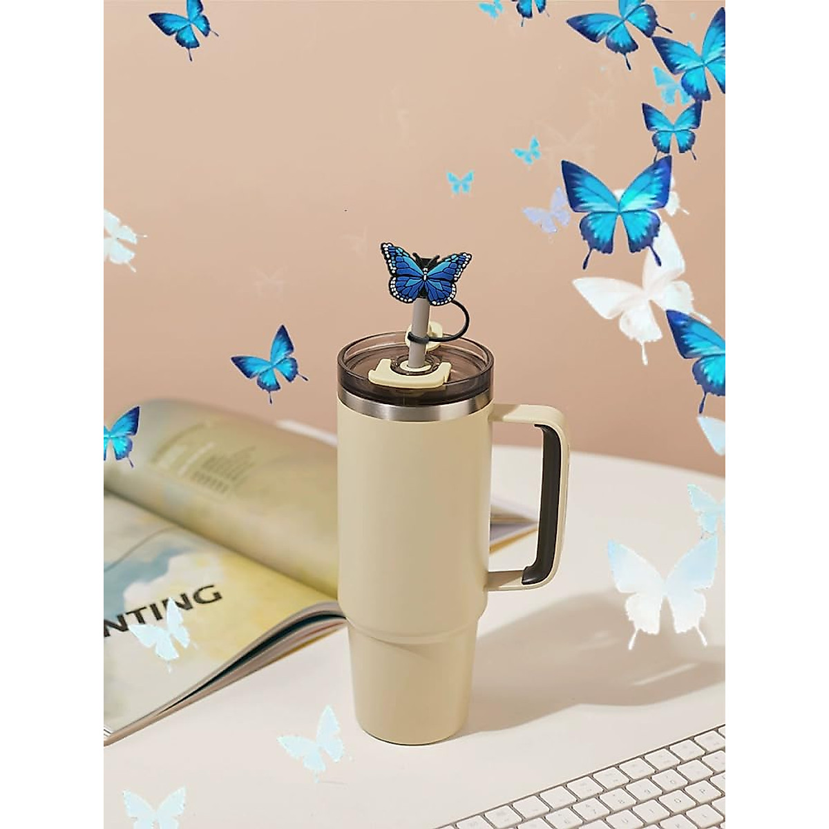 Straw Covers for Stanley, Stanley Cup Accessories Butterfly Straw Topper for Stanley Cup 30/40oz/Simple Modern, Silicone Dust Proof Straw Cover Cap for 9-10mm Straw.