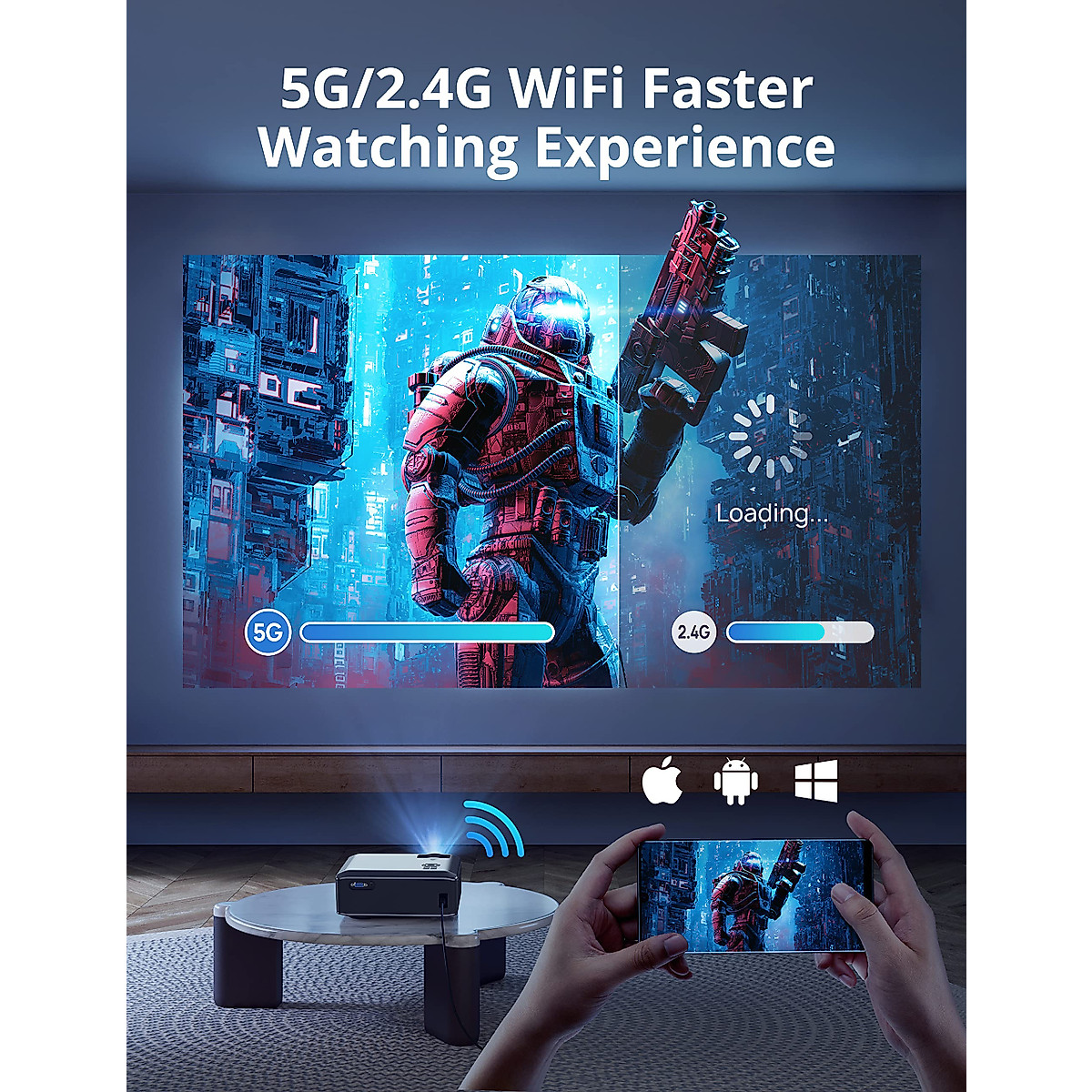 MiTechPro 4K Projector, 600 ANSI Portable Movie Projector with 5G WiFi Bluetooth, 4K Support Zoom Function and Timer Shutdown, Outdoor for HDMI/USB/Laptop/iOS & Android Phone, Black