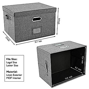 JSungo File Box with 5 Hanging Filing Folders, Document Organizer Storage for Office, Collapsible Linen Storage Box with Lids, Home Portable Storage with Handle, Letter Size Legal Folder, Grey