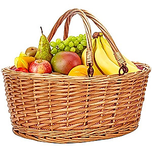 TwentyNext Wicker Picnic Basket with Double Folding Handles, Natural Large Willow Hamper Empty Basket Cheap Easter Eggs Candy Storage Wine Basket for Toy, Flower, Wedding Gifts（Red Stripe L）