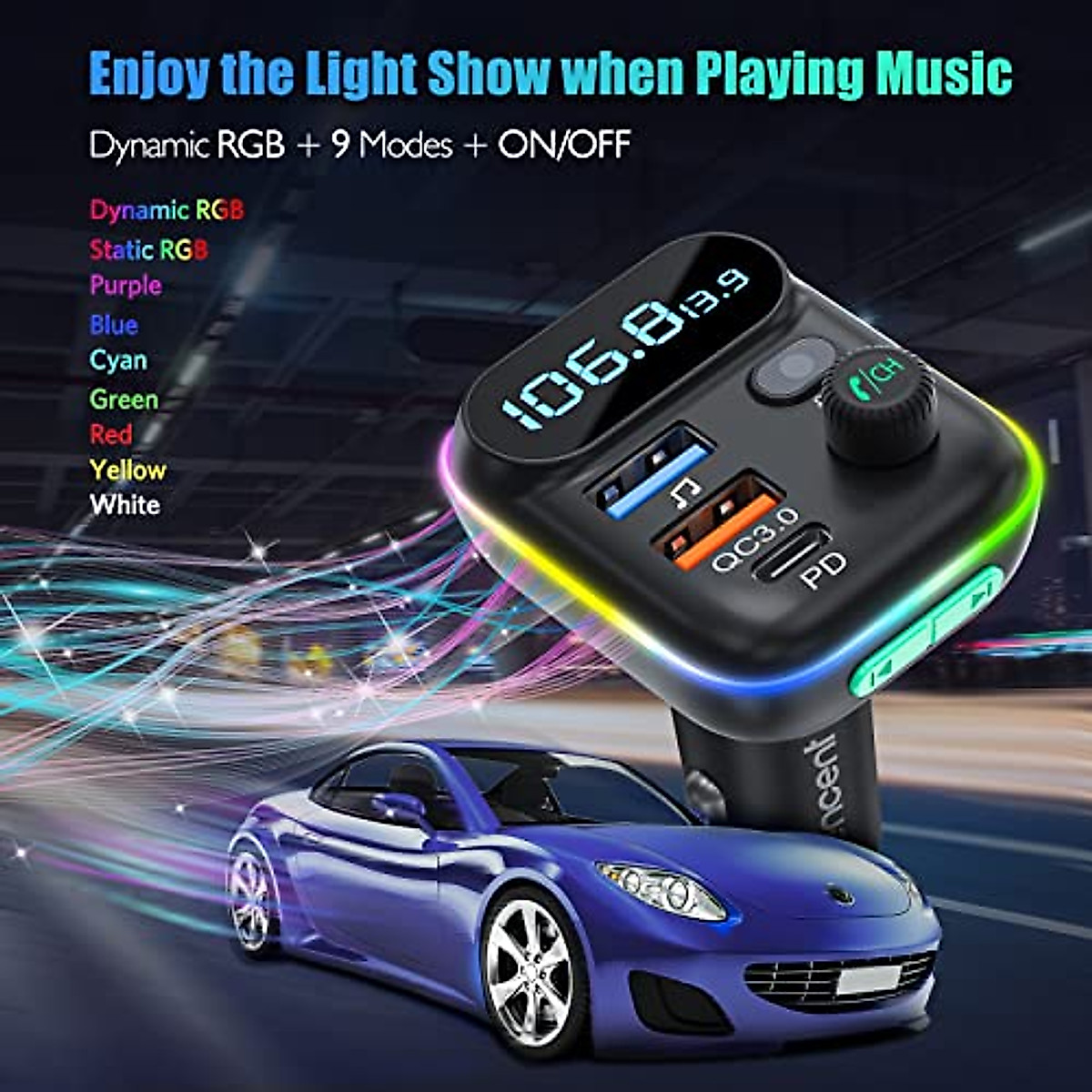 LENCENT FM Transmitter in-Car Adapter, Wireless Bluetooth 5.0 Radio Car Kit,Type-C PD + QC3.0 Fast USB Charger, Hands Free Calling, Mp3 Player Receiver Hi Fi Bass Support U Disk