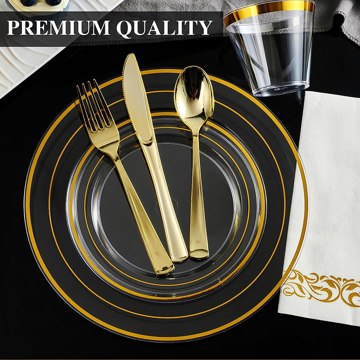 FOCUSLINE 350 Clear Gold Dinnerware Set for 50 Guests, Clear Plastic Plates with Gold Rim Disposable Heavy Duty, Including 50 Dinner Plates, 50 Dessert Plates, 50 Napkins, 50 Cups, 50 Silverware Set