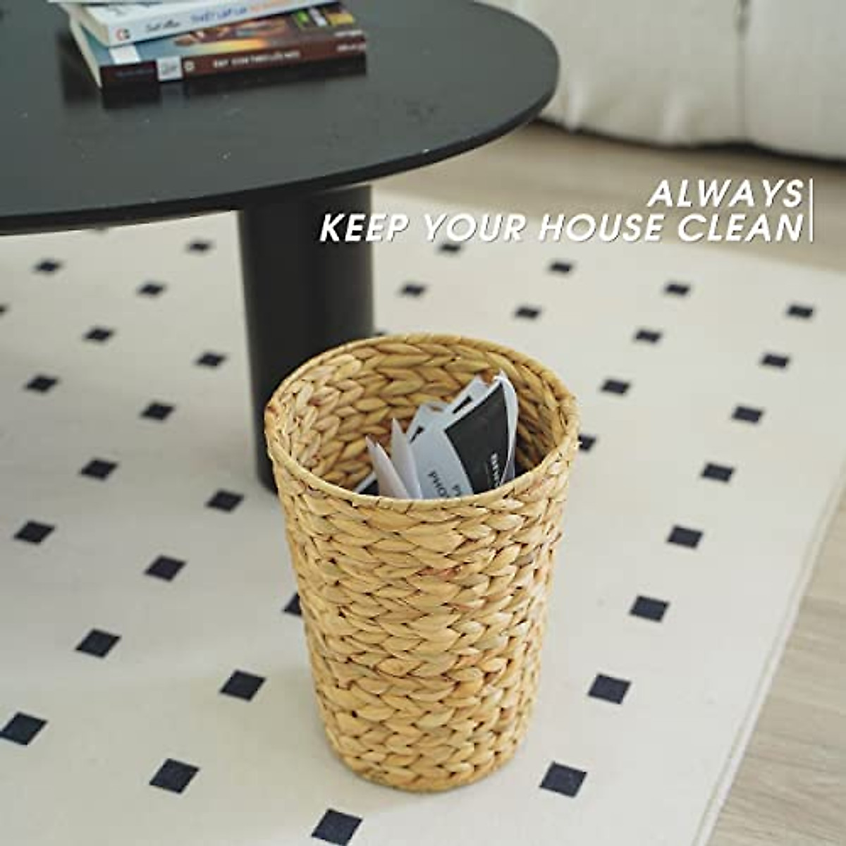 MANTEIV Waste Basket Woven - Water Hyacinth Storage Rustic Boho Decor Basket - Home Office Paper Wastebasket Garbage Container Bin for Living Room Bedroom Bathroom Kitchen Set