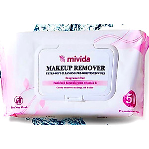 Mivida Hypoallergenic Makeup Remover Wipes with Vitamin E | 50 Count Fragrance-Free, Alcohol-Free Face Wipes | Convenient Flip-Top Pack