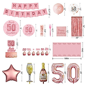 50th Birthday Decorations Women Rose Gold 50 Party Supplies Foil Fringe Curtains,Plates,Napkins,Tablecloth,Forks,Happy Birthday Banner,50th Sash,Cake&Cupcake Toppers,Latex&Foil Balloons