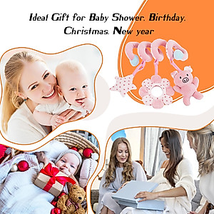 vocheer Car Seat Toys for Babies 0-6 Months Hanging Rattle Bouncer Toys for Crib Mobile, Infant Spiral Plush Stroller Toys，Girls Pink Pig