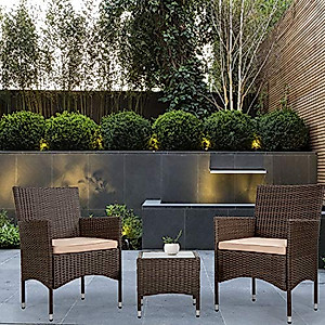 3 Pieces Patio Furniture Set Outdoor Wicker Bistro Set Rattan Chair w/ Thickened Cushions & Table Conversation Sets Patio Sofa Wicker Table Set for Yard Backyard Lawn Porch Poolside Balcony, Khaki