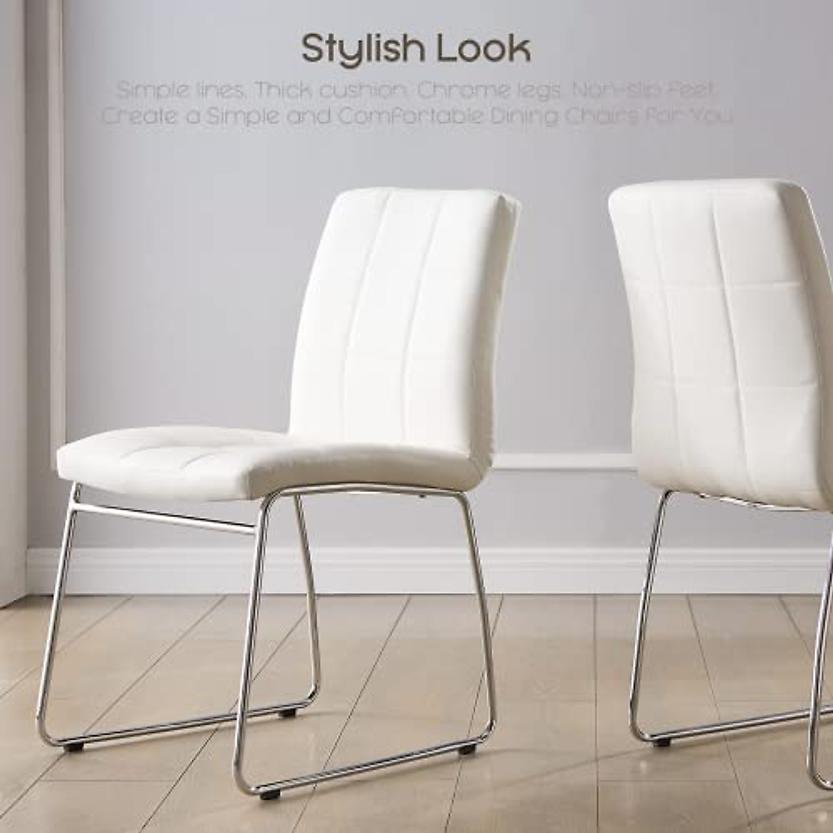SICOTAS Modern Dining Chairs Set of 2, Dining Room Chairs with Faux Leather Padded Seat Back in Checkered Pattern and Sled Chrome Legs, Kitchen Chairs for Dining Room, Kitchen, Living Room,White Chair