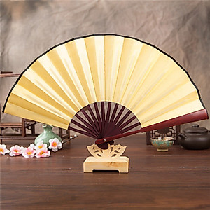 Fan Held Hand Chinese Wedding Party Lace Folding Fan Unisex Dancing Silk Floral Accessory Swimsuit Bra Yellow