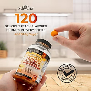 Turmeric Curcumin Ginger Gummies - 120 Count (60 Day Supply) - Natural Joint Support - Vegan Turmeric Gummy Supplement for Ultra High Absorption - Non-GMO - Made in The USA - Delicious Peach Flavor