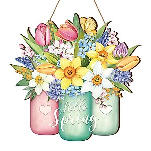 Spring Flower Door Sign Spring Door Decor Hello Spring Sign Welcome Sign for Front Door Colorful Wooden Spring Hanging Decorations for Home Indoor Outdoor Farmhouse Porch Decor (Jar)