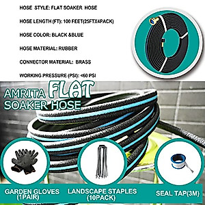 AMRITA Flat Soaker Hose Kit 100FT (25FT Pack of 4) with Brass ends , , Heavy Duty Rubber Garden Hose, Saves 70% Water for Lawn, Garden Beds. （25ft x 4 Pack）