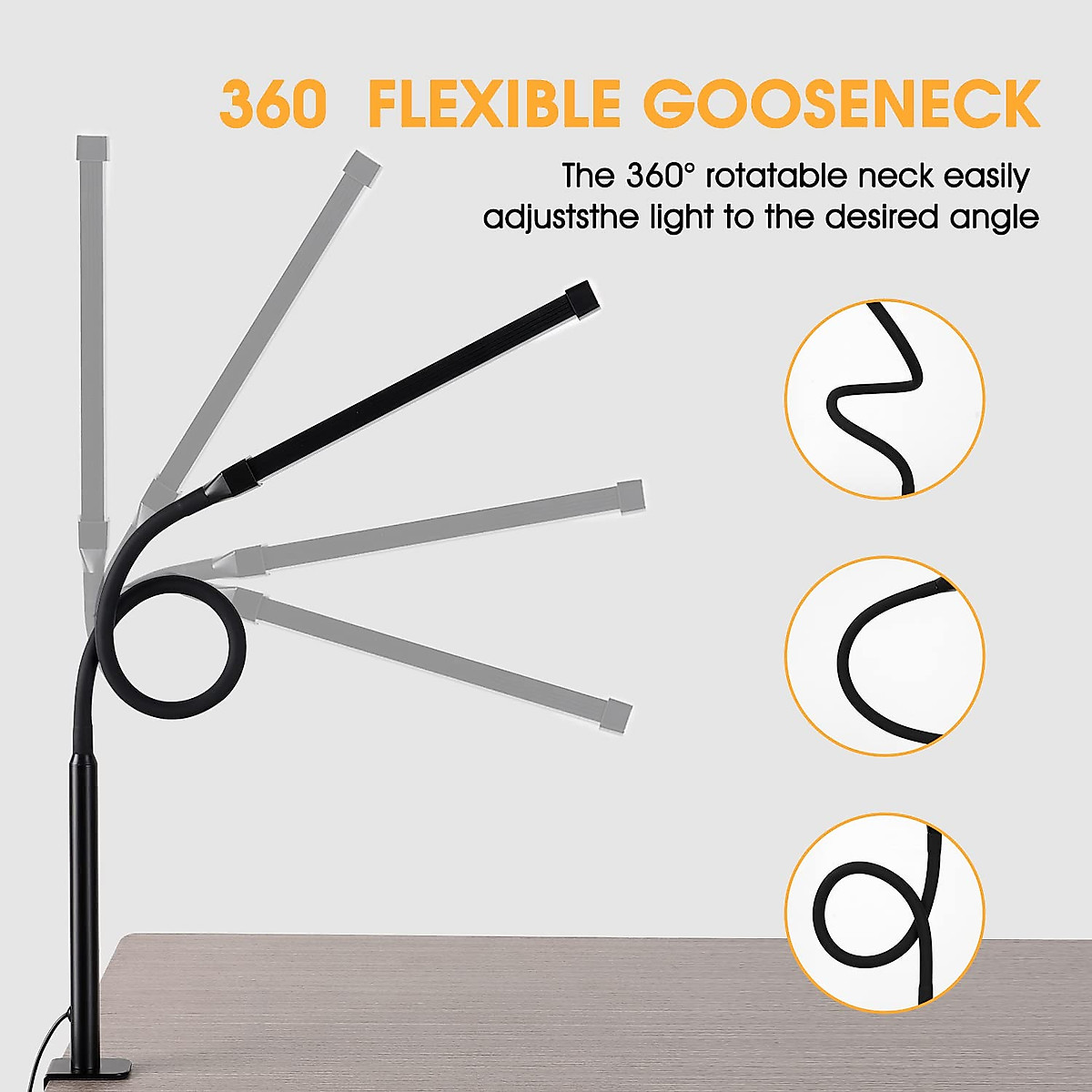 LIBORA LED Desk Lamp with Clamp, Dimmable Clip Light for Home Office, 3 Modes 10 Brightness, Long Flexible Gooseneck, Eye-Caring, Architect Table Task Lamps with USB Adapter, Black