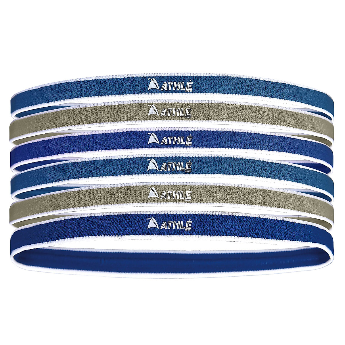 Athlé Skinny Headbands for Women and Men - 6 Pack - Elastic Headbands for Women and Men - Non Slip Silicone Grip - Lightweight and Comfortable Thin Headbands - Blue, Grey
