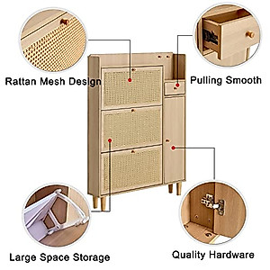 RUNOLIG Rattan Shoe Cabinet, Hidden Shoe Storage with Rattan Mesh Design and 2 Hanging Hooks, Wood Shoe Organizer with 3 Flip Down Drawers and 2 Storage Drawers, Narrow Shoe Cabinet for Entryway