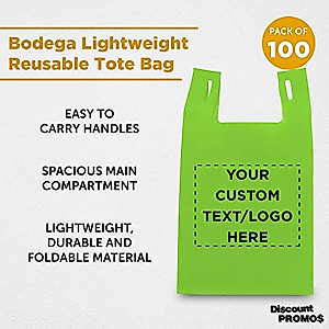Custom Bodega Lightweight Tote Bags Set of 100, Personalized Bulk Pack - Reusable, Great for Grocery, Tradeshow, Party favors, Picnic - Lime Green