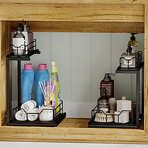 Fixwal 2 Pack Under Bathroom Sink Organizer and Storage, 2-Tier Adjustable Height Kitchen Bathroom Cabinet Organizers and Storage, Metal Pull Out Under Sink Storage for Kitchen Bathroom Cabinet Pantry