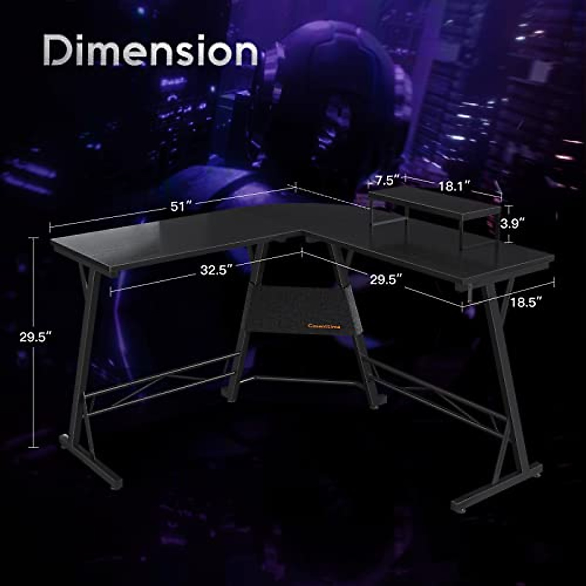Casaottima Gaming Desk L Shaped Computer Desk, Corner Desk for Home Office with Monitor Stand 51", Black
