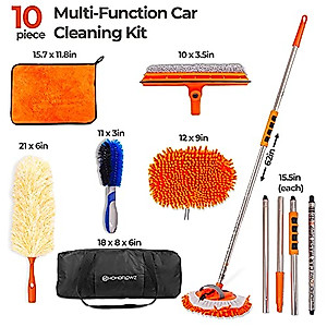 Homeflowz Car Wash Mop Kit [10PC] - Car Wash Brush with Long Handle - 62'' Stainless Steel Pole - Scratch Free Chenille Microfiber Car wash Brush Mitt - Car Mop Washing Kit for RV Cars and Bus