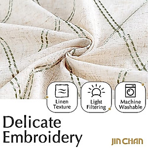 jinchan Linen Curtains for Living Room Green Diamond Embroidered Curtains Geometric Patterned Window Drapes Flax Window Treatment Set for Bedroom Grommet Curtains 84 Inches Long 2 Panels
