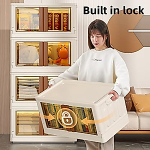 Plastic Storage Bins with Lids - 76Quart Collapsible Storage Bins,3 Packs Stackable Storage Bins with Lids,Beige Wardrobe Closet Organizer,Storage Cabinet,Foldable Plastic Storage Container with Door